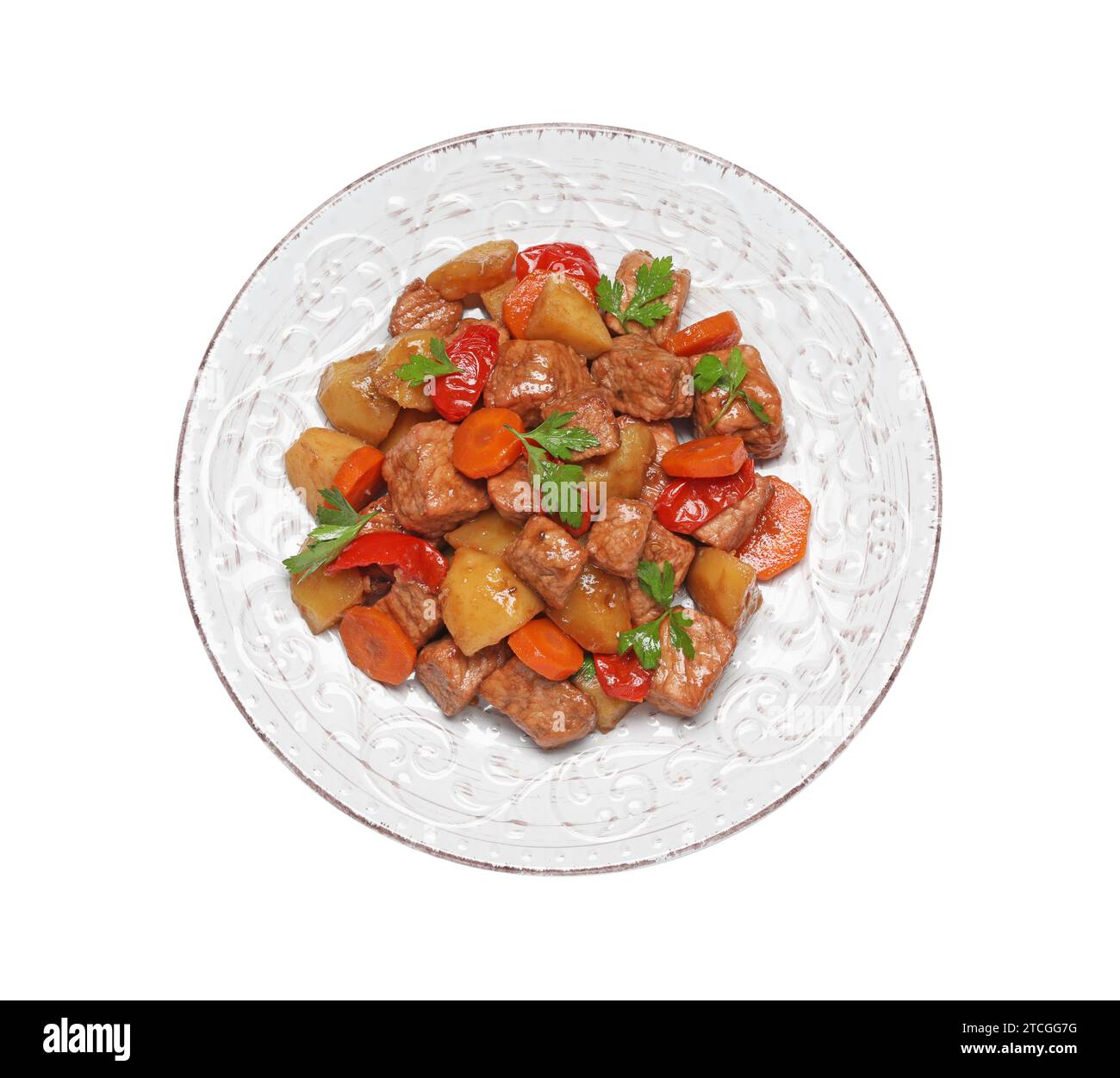 Plate with delicious goulash isolated on white, top view Stock Photo ...