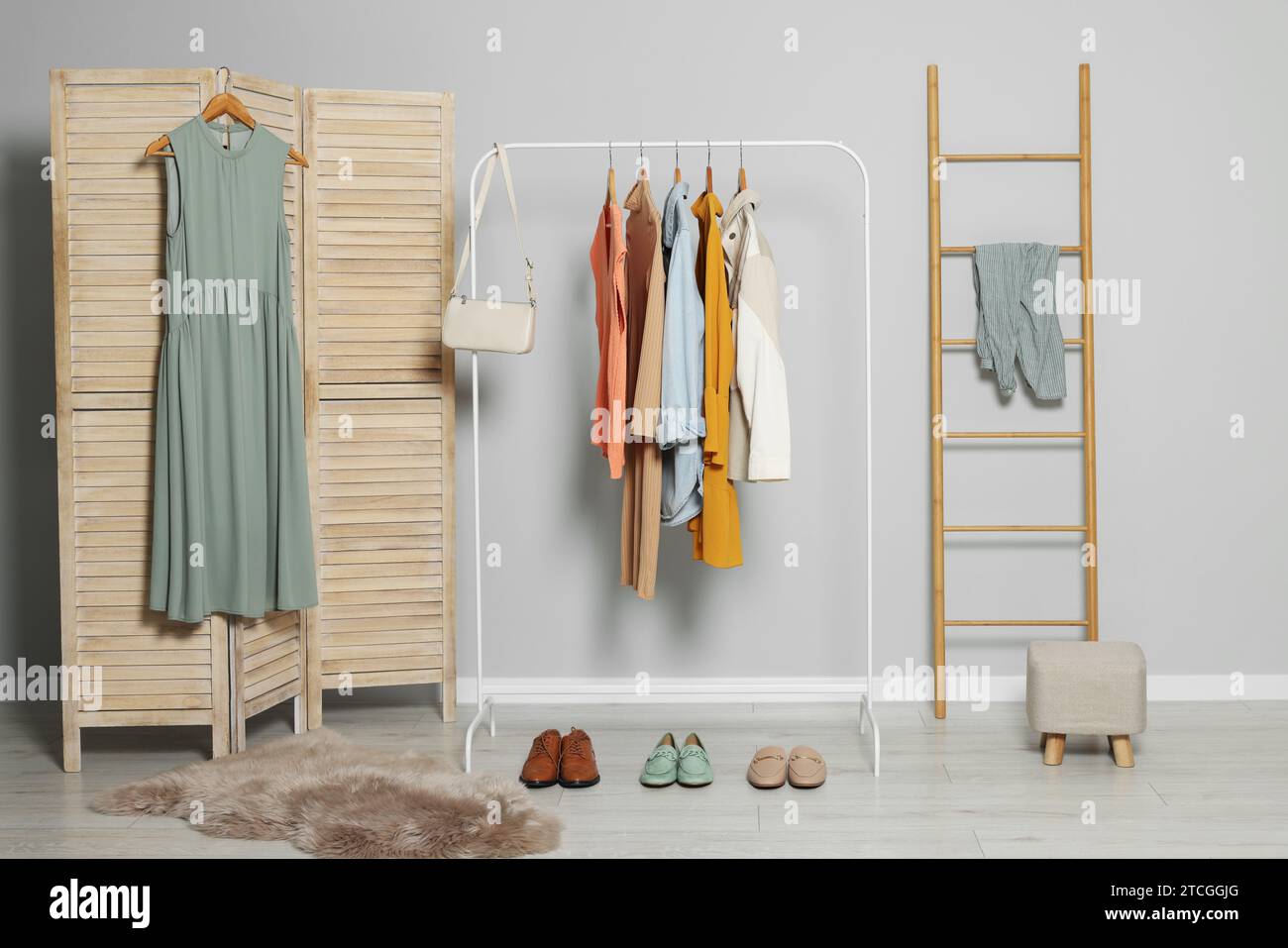 Stylish room interior with clothes rack and folding screen Stock Photo ...