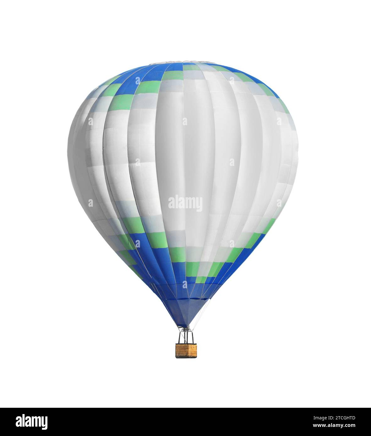 Bright hot-air balloon with wicker basket on white background Stock ...