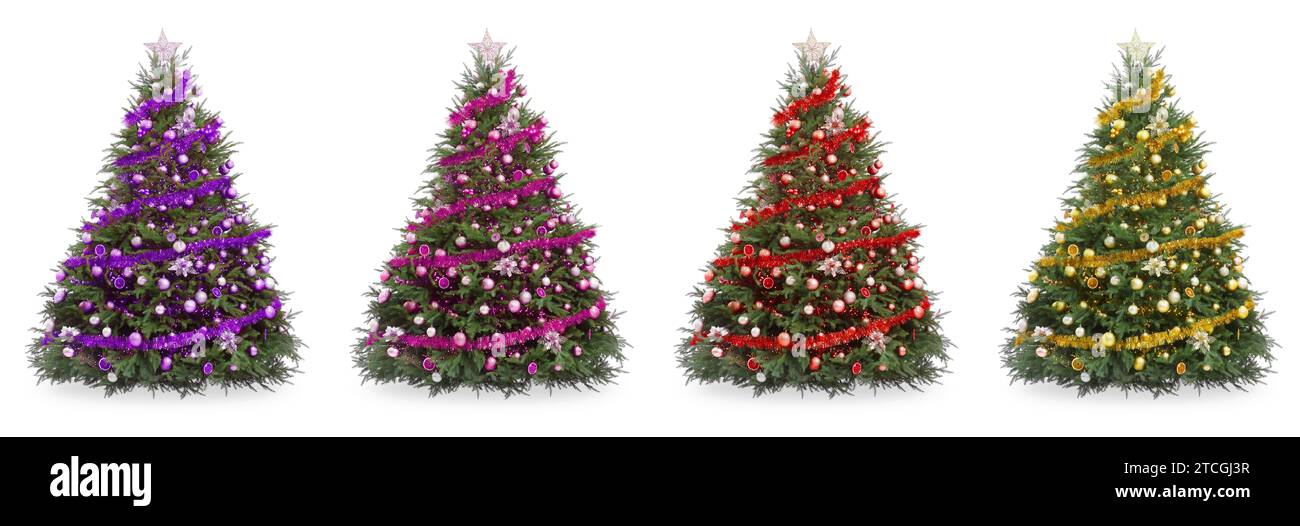 Christmas trees decorated in different colors isolated on white ...