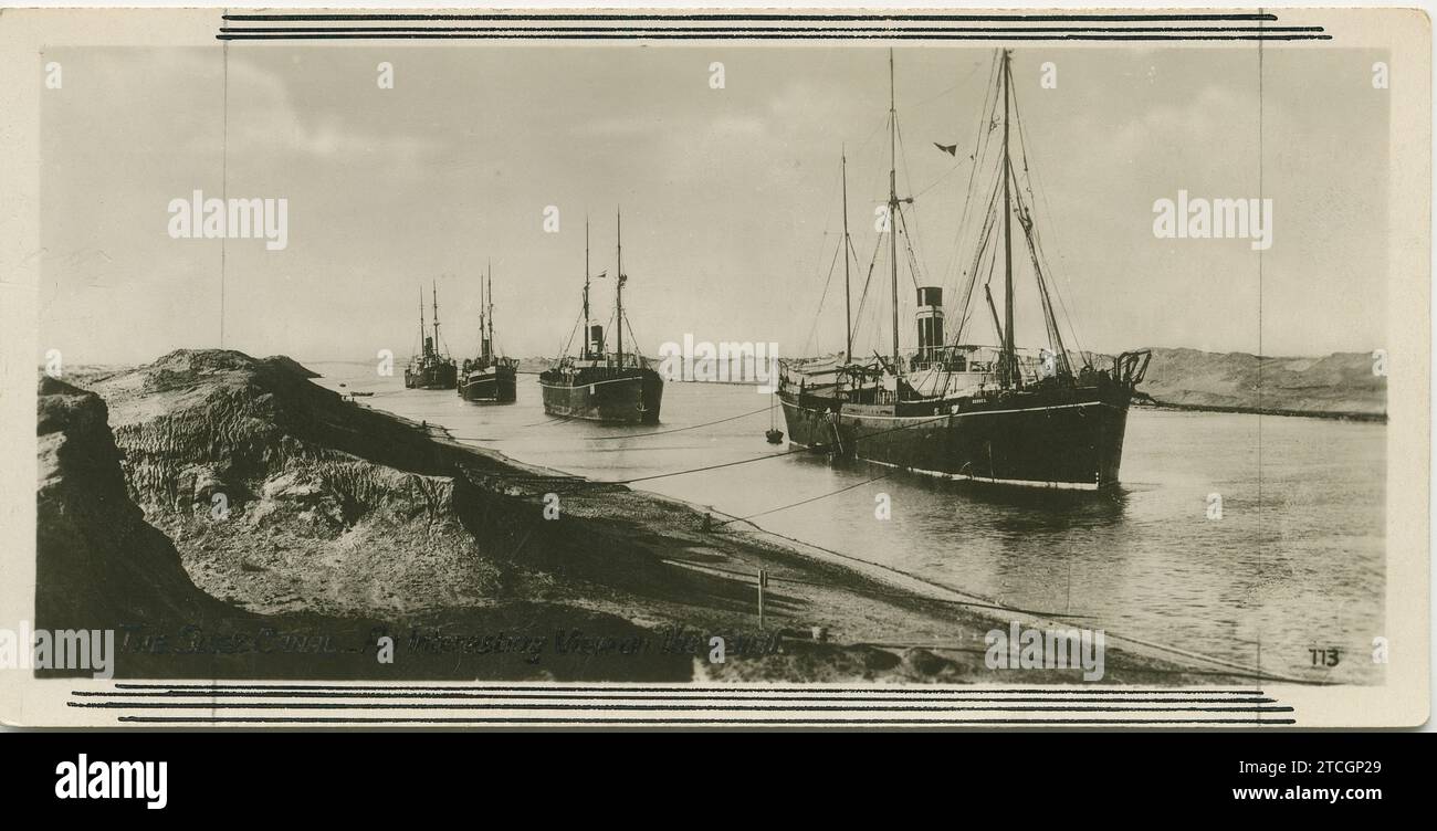 Suez Canal, Egypt, 1935. A view of ships passing through the Suez Canal ...