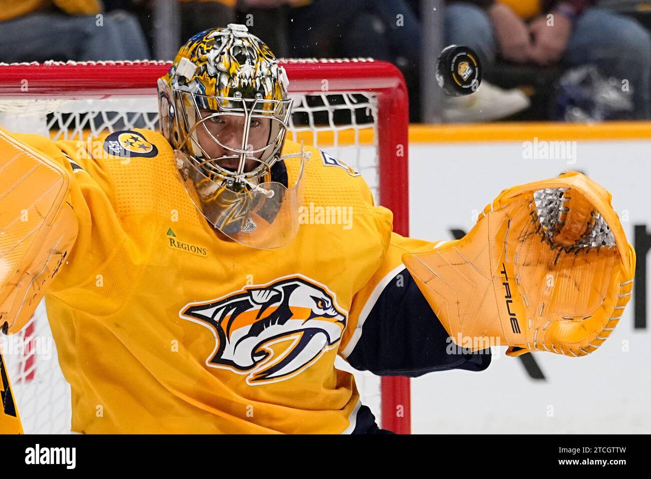 Nashville Predators goaltender Juuse Saros (74) blocks a shot on goal ...
