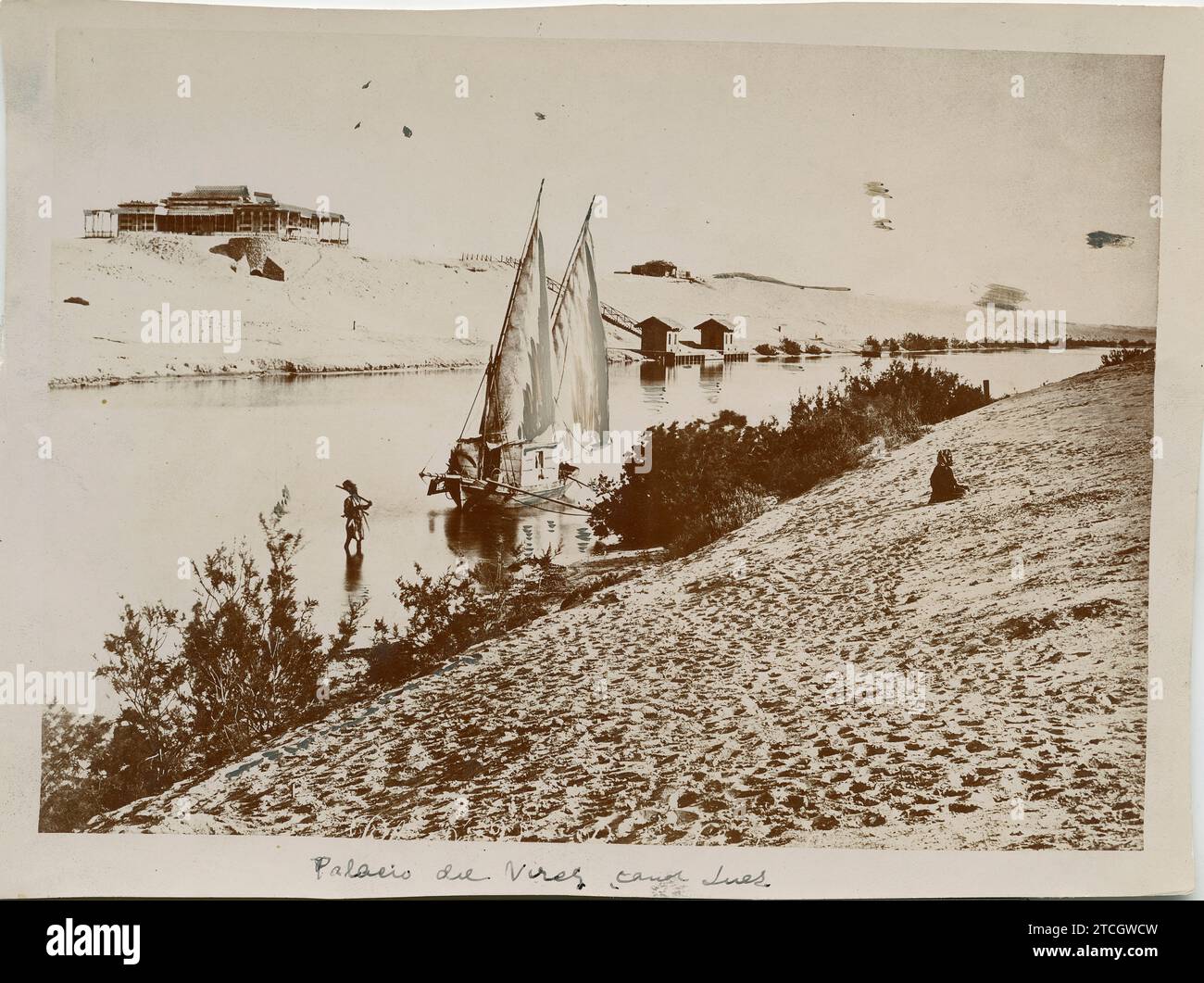 Suez Canal, Egypt, 1898. Ships crossing the canal near the Vires Palace ...