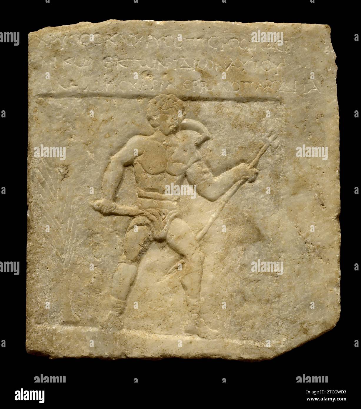 Gravestone of a retiarius gladiator ready to attack his opponent with a ...