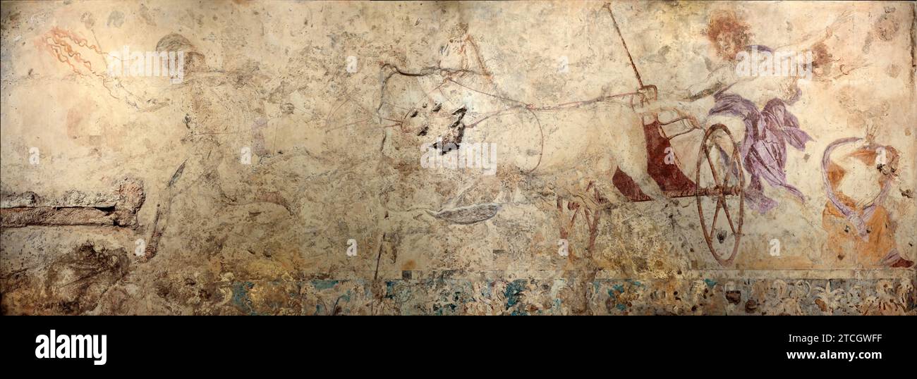Macedonian wall painting of the plundered limestone cist tomb at Aigai ...