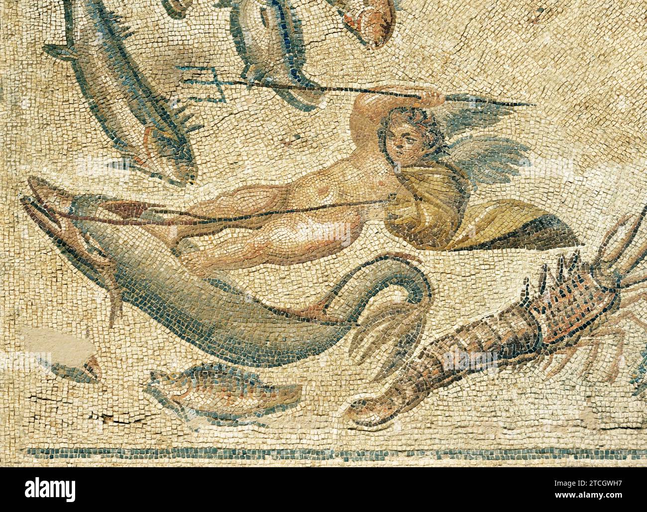 Mosaic floor with a fishing scene and cupids from the atrium of a roman ...