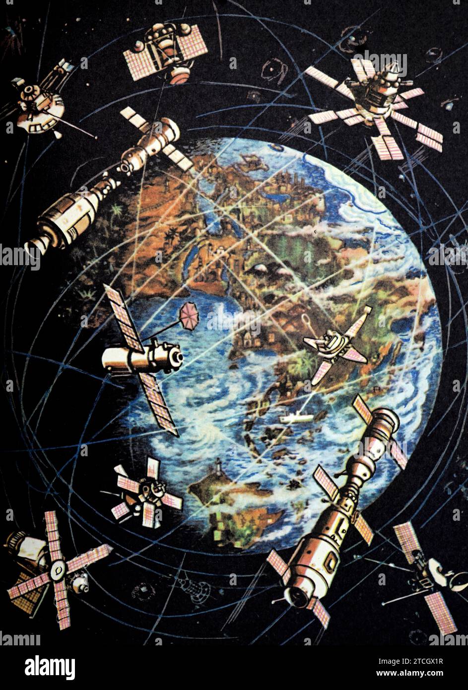 Soviet era illustration showing satellites in orbits at different ...