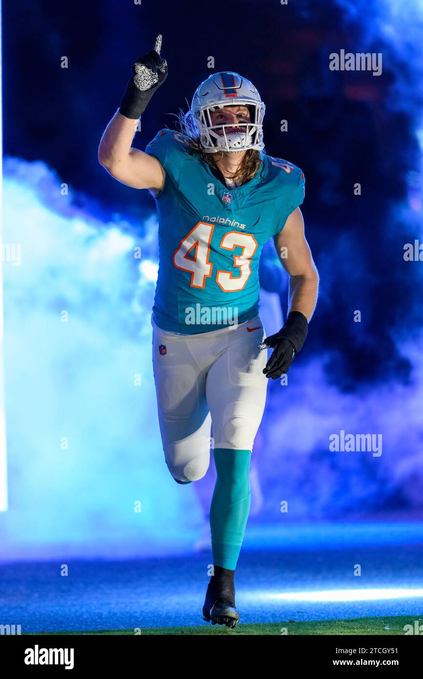 Miami Dolphins linebacker Andrew Van Ginkel (43) reacts during player ...