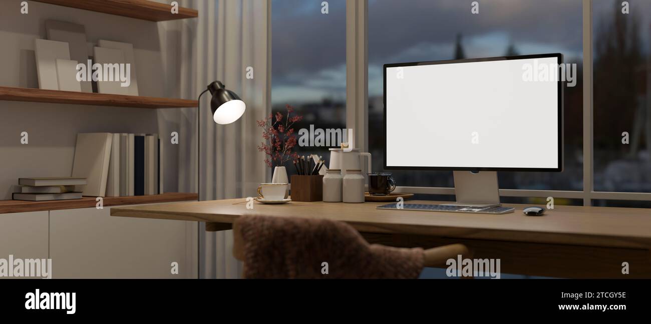 Interior design of a modern, cosy home office workspace at night with a ...