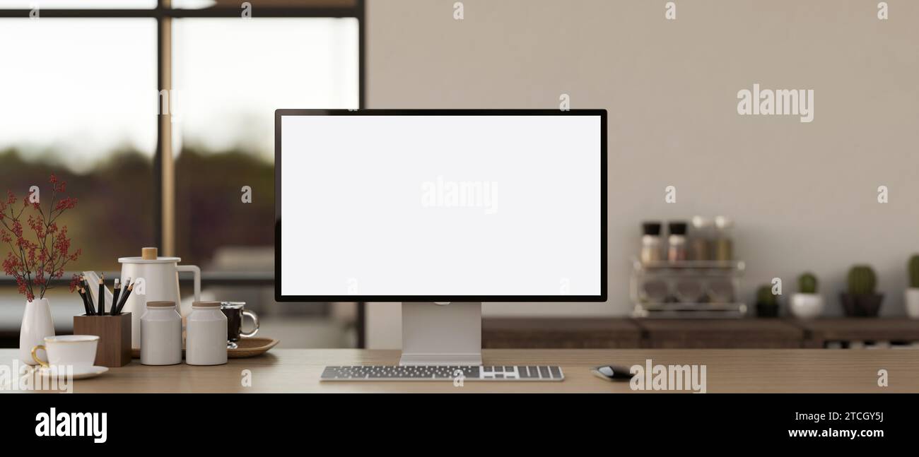 Cosy home workspace with a white-screen computer mockup and accessories ...