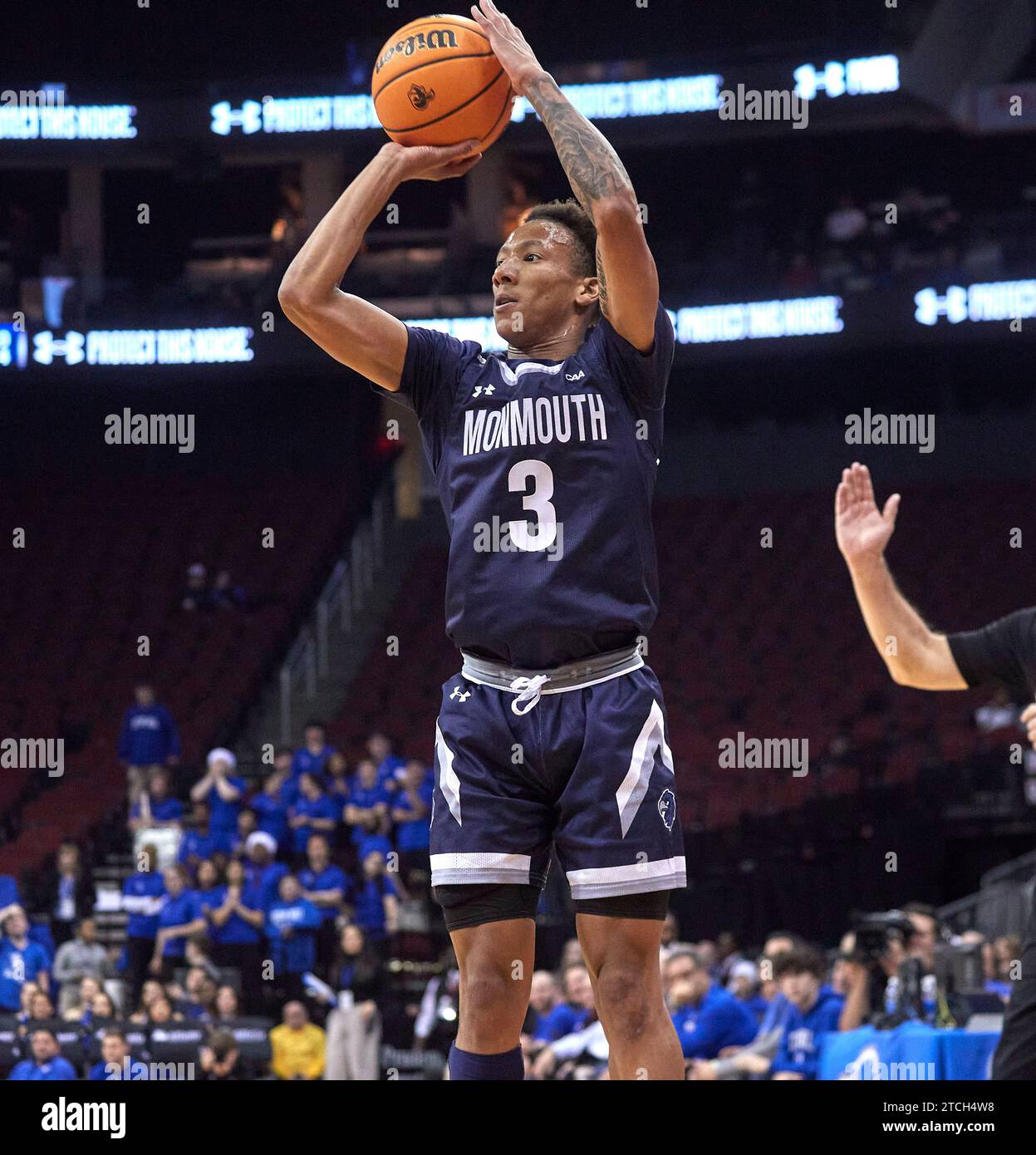 Monmouth Hawks guard Jakari Spence (3) shoots a three point attempt ...