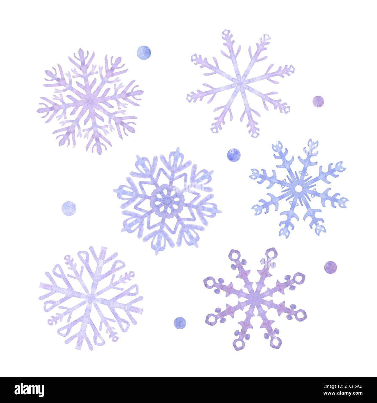 Set of snowflakes, blue lilac frost crystals. Symbol of winter, cold ...