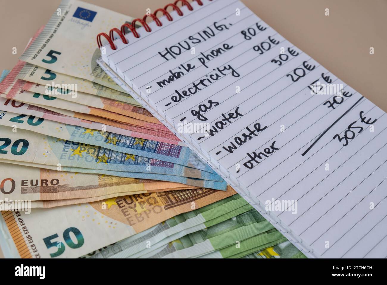 Euro cash money with notebook handwritten housing expenses. Counting ...