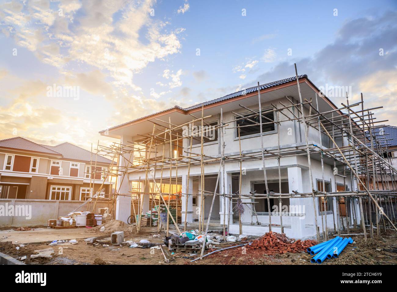 construction residential new house in progress at building site Stock ...