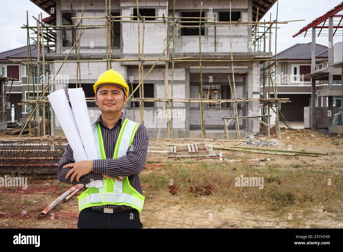 Asian business man construction engineer worker in protective helmet ...