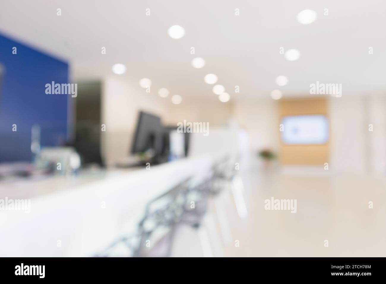 Abstract blur office desk workplace or hospital with computer defocused ...