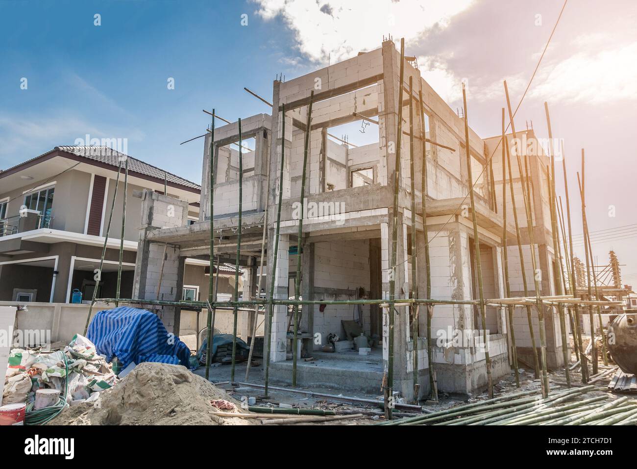 construction residential new house in progress at building site Stock ...