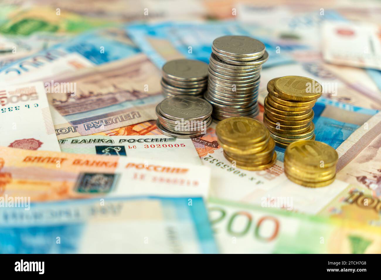 coins laying on ruble banknotes. financial policy of Russian Federation ...