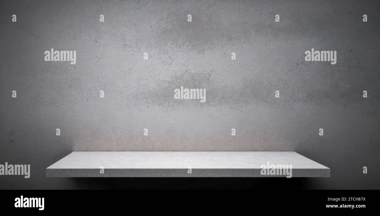 Front view of empty shelf on gray concrete wall background. showcase ...