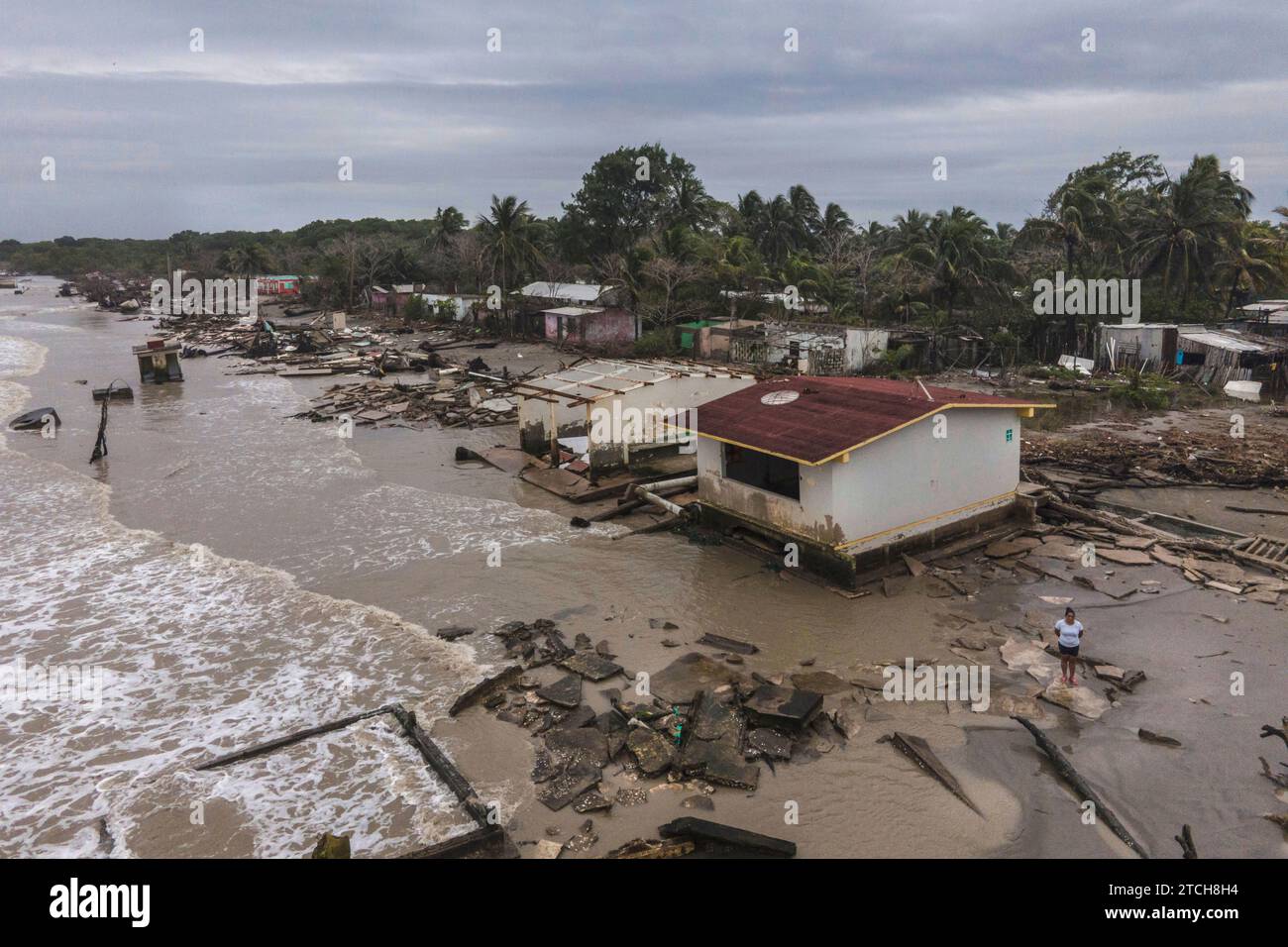 An aerial view of the coastal community of El Bosque, in the state of ...