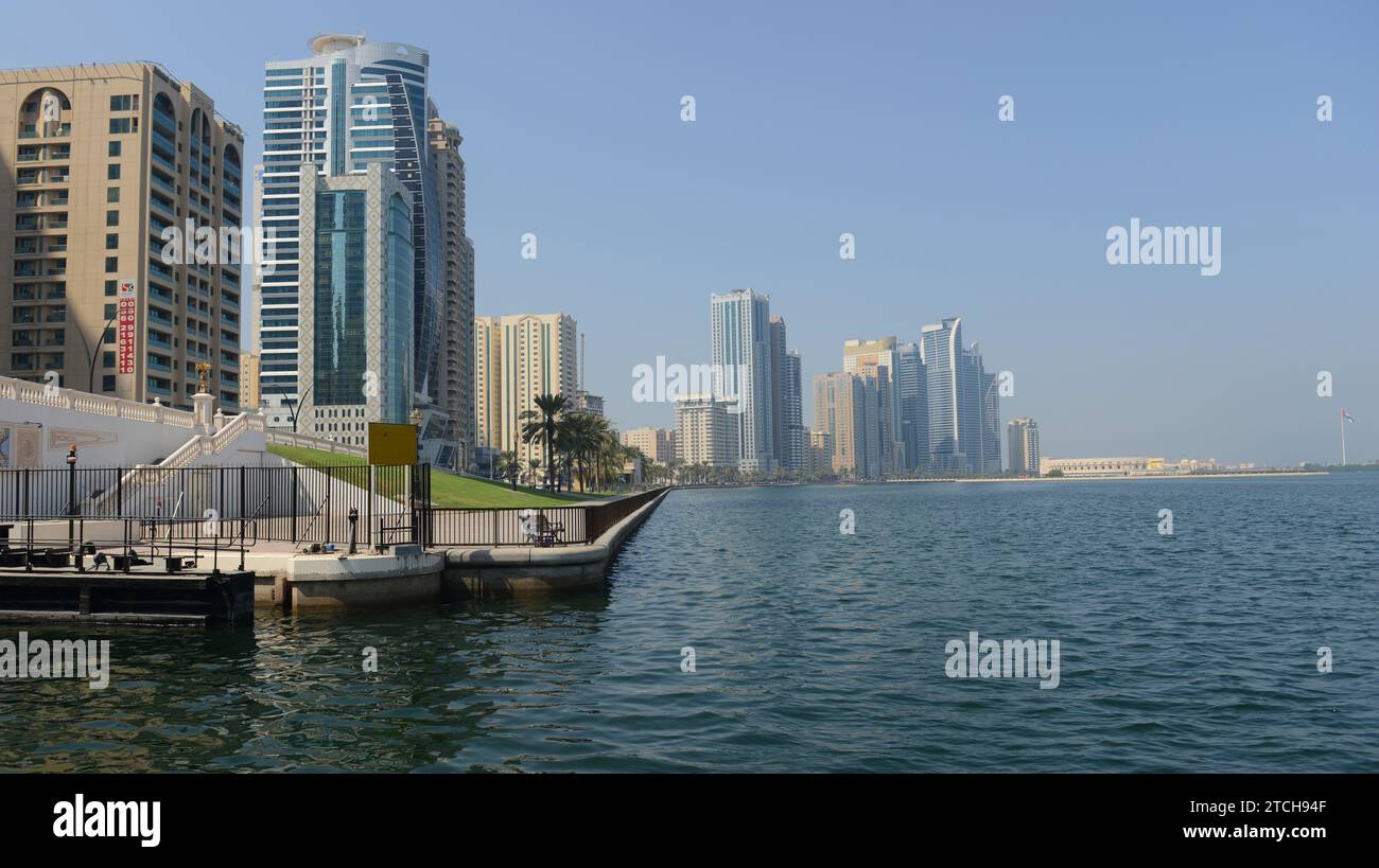 The modern skyline of Sharjah, UAE Stock Photo - Alamy