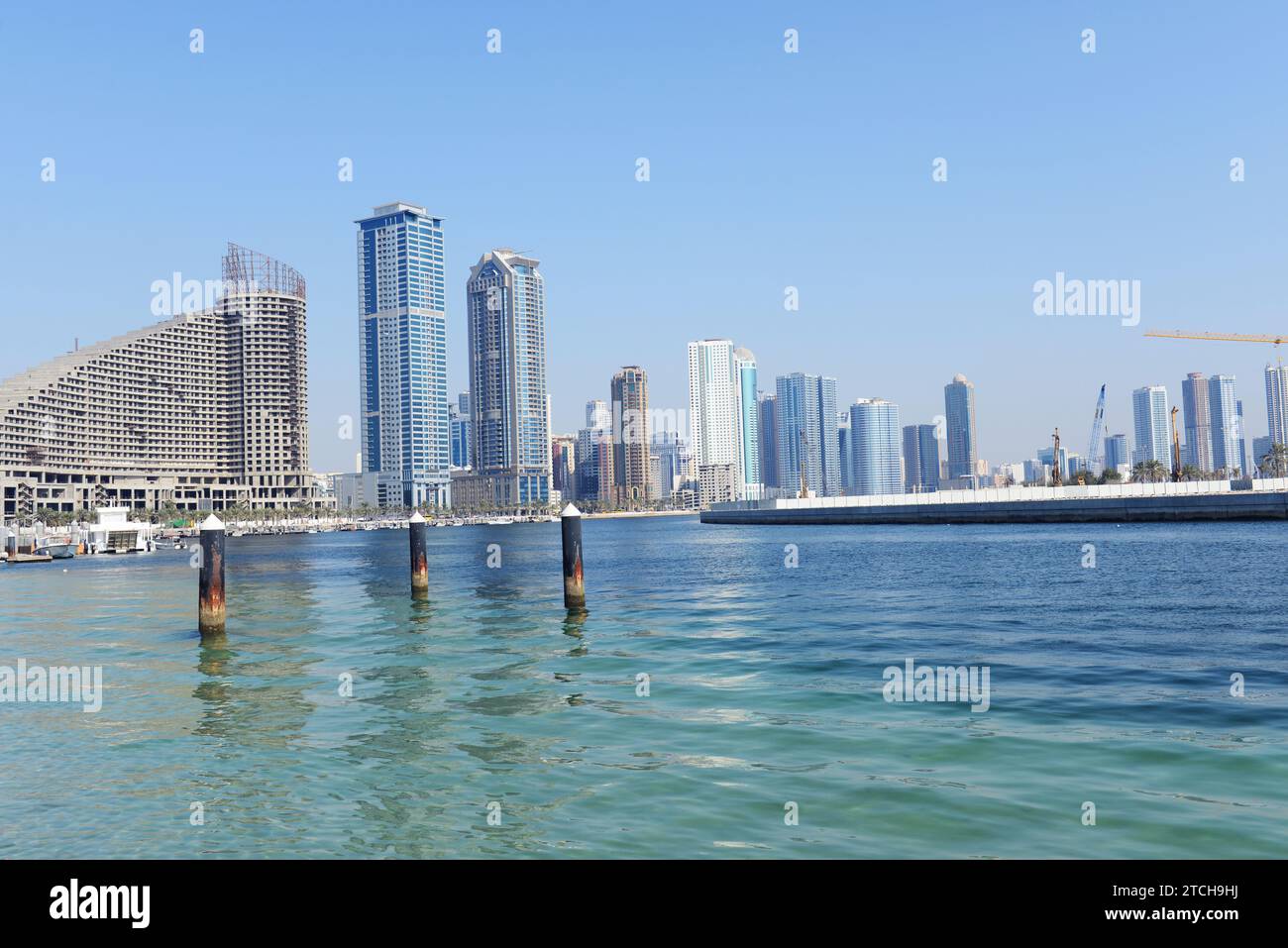 The modern skyline along the corniche of the Al Khan Lagoon in Sharjah ...