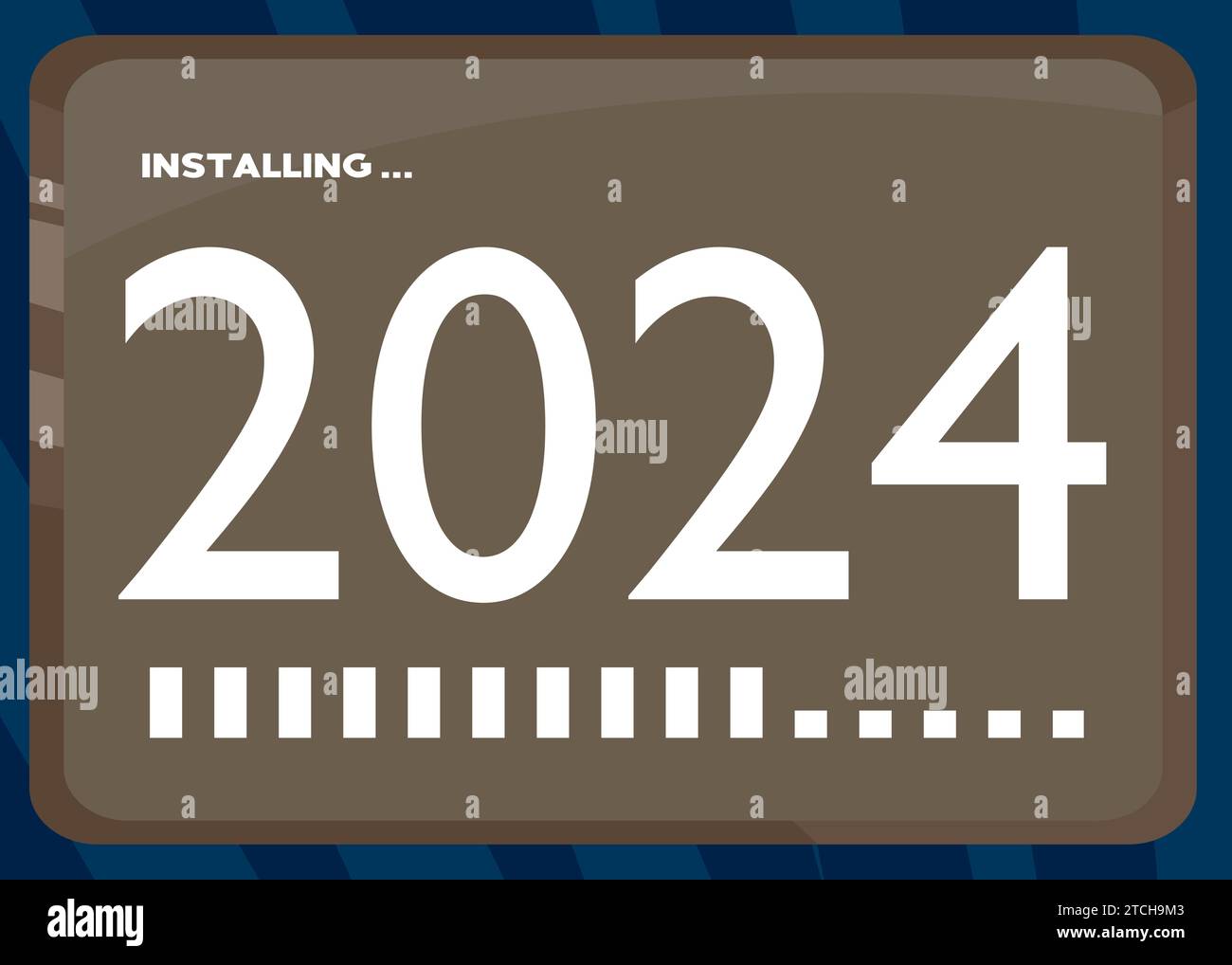 Cartoon Computer With the number 2024. Message of a screen displaying an installation window ...