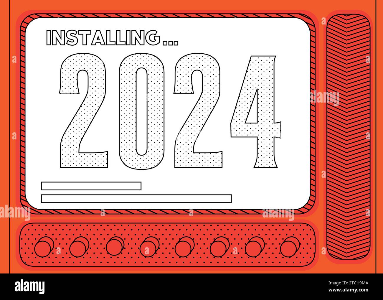 Cartoon Computer With the number 2024. Message of a screen displaying ...