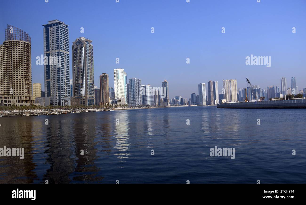 The modern skyline along the corniche of the Al Khan Lagoon in Sharjah ...