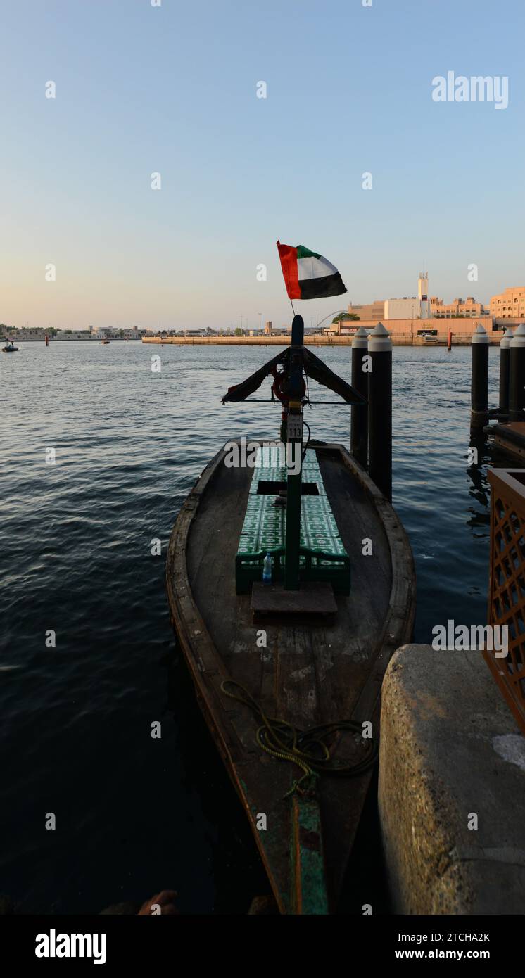 Arbra wooden ferry boats docking by old Dubai ready to take passengers ...