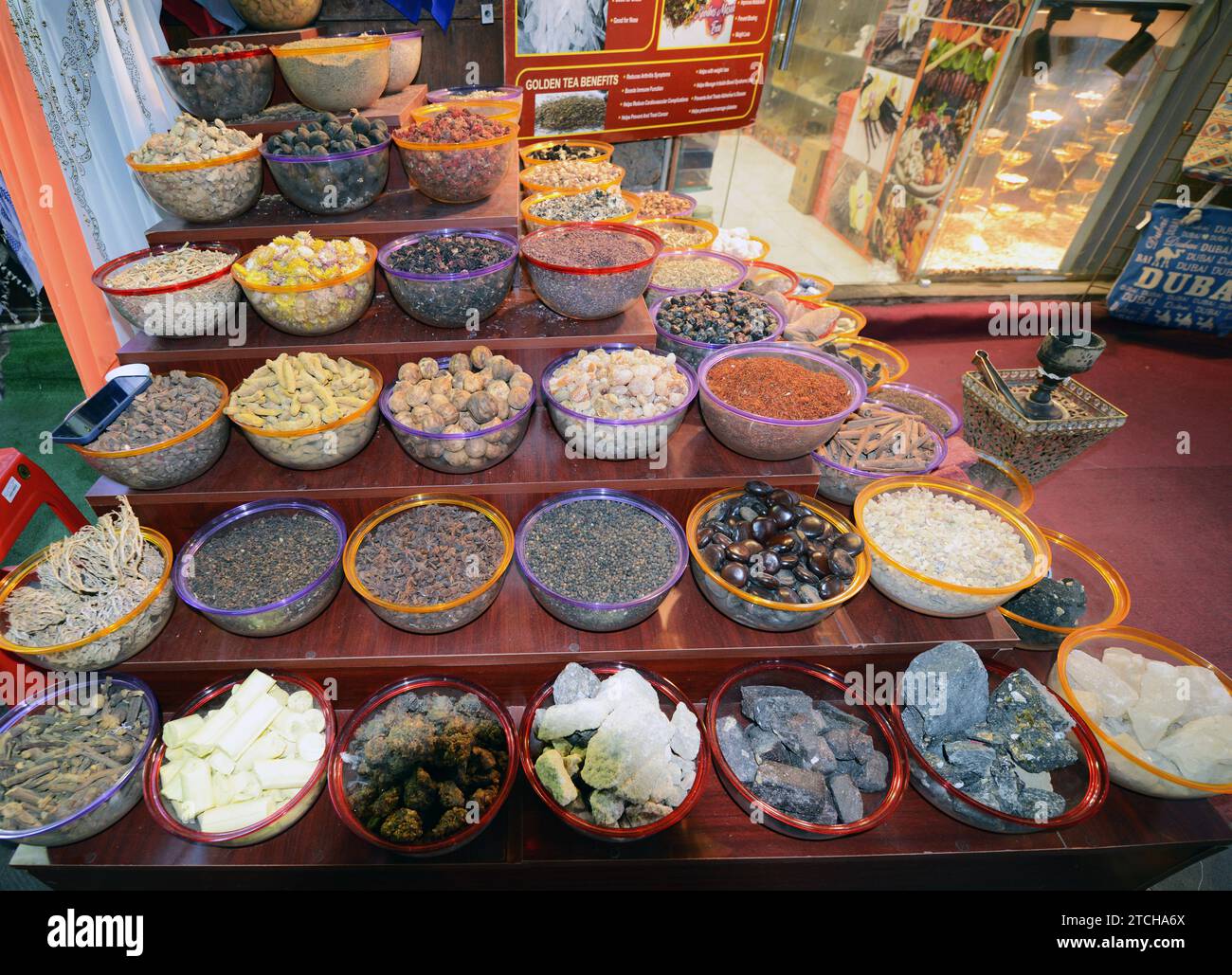Spices displayed at a shop at the colorful Bur Dubai souq near the ...