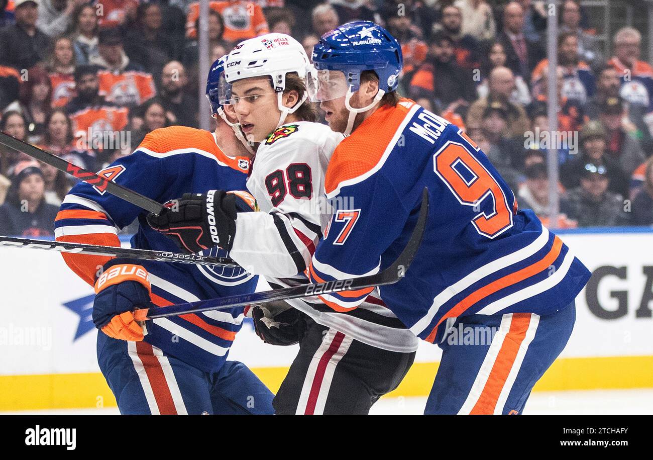 Chicago Blackhawks' Connor Bedard (98) and Edmonton Oilers' Connor ...