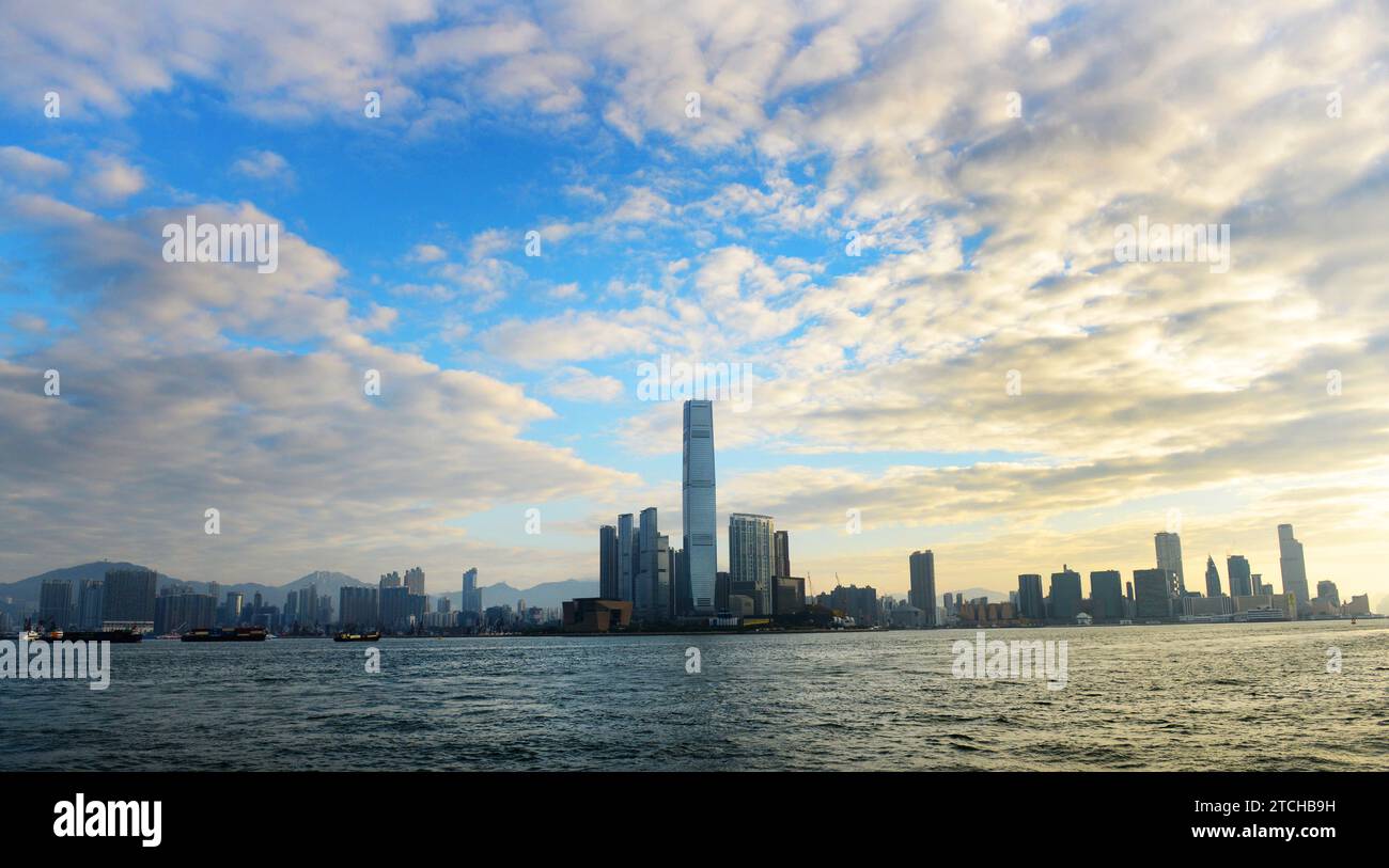 Morning view of Victoria Harbour and the ICC tower in Kowloon, Hong ...