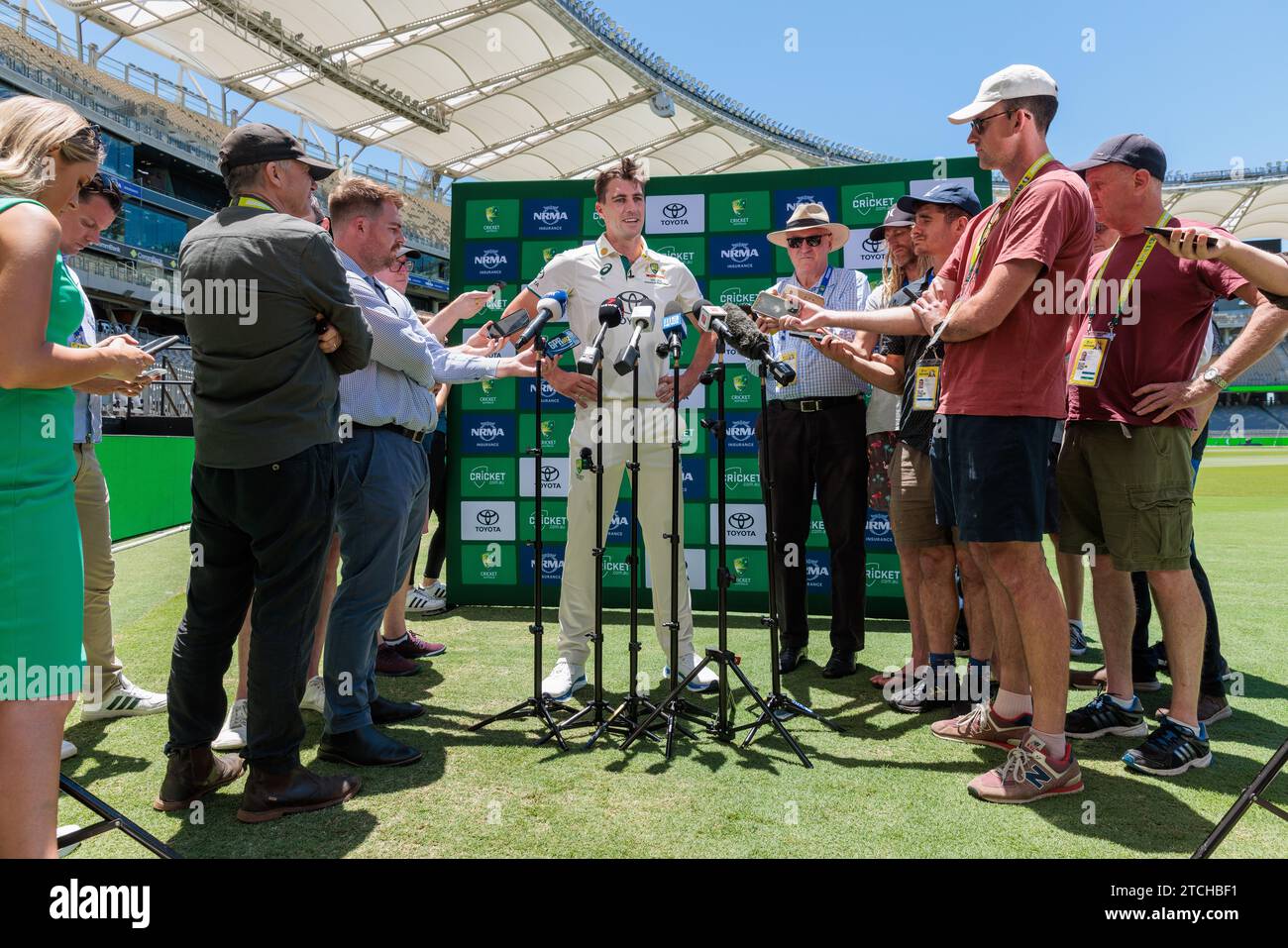 Perth, Australia. 13th Dec, 2023. Australian captain Pat Cummins is ...