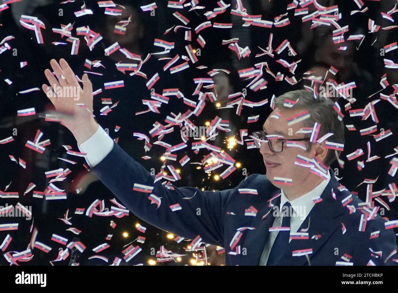 Serbian President Aleksandar Vucic waves to his supporters, during a ...