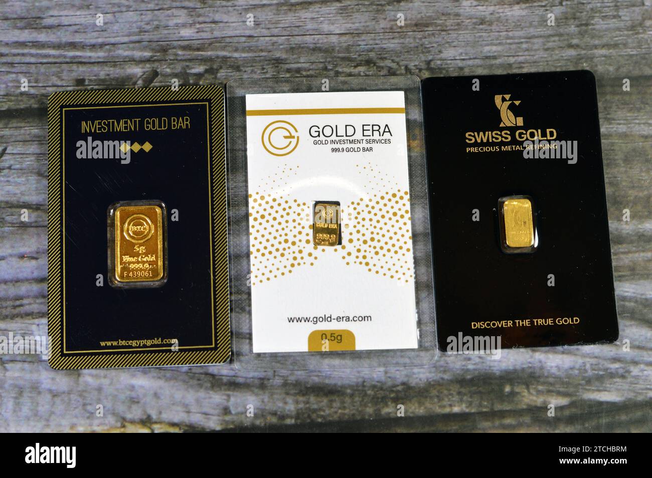 Cairo, Egypt, December 10 2023: BTC, Swiss Gold, Gold Era 24 Karate ...