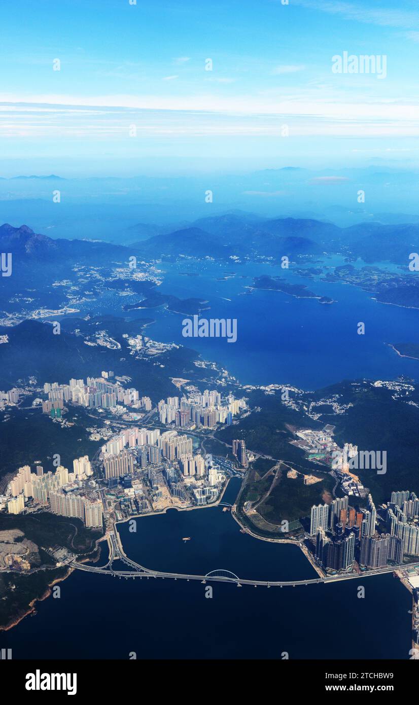 Aerial view of Junk Bay and the Tseung Kwan O bridge andSai Kung, Hong ...