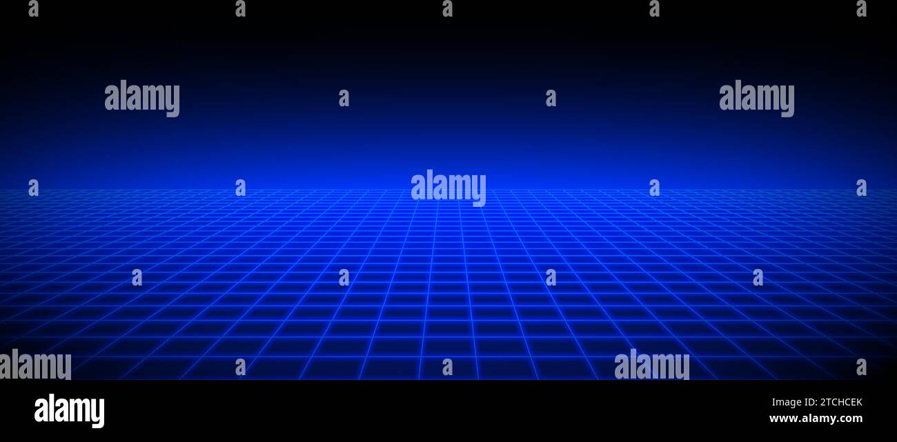 Glowing neon wireframe horizon background. Blue grid room floor in ...