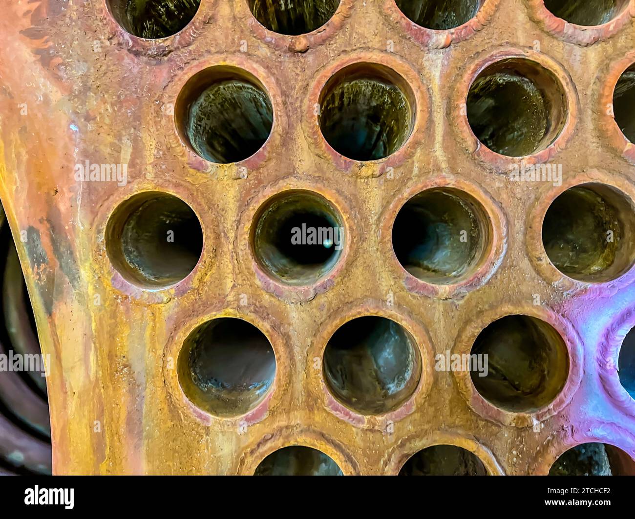 Central firing chamber of a plate and tube boiler that is open for ...