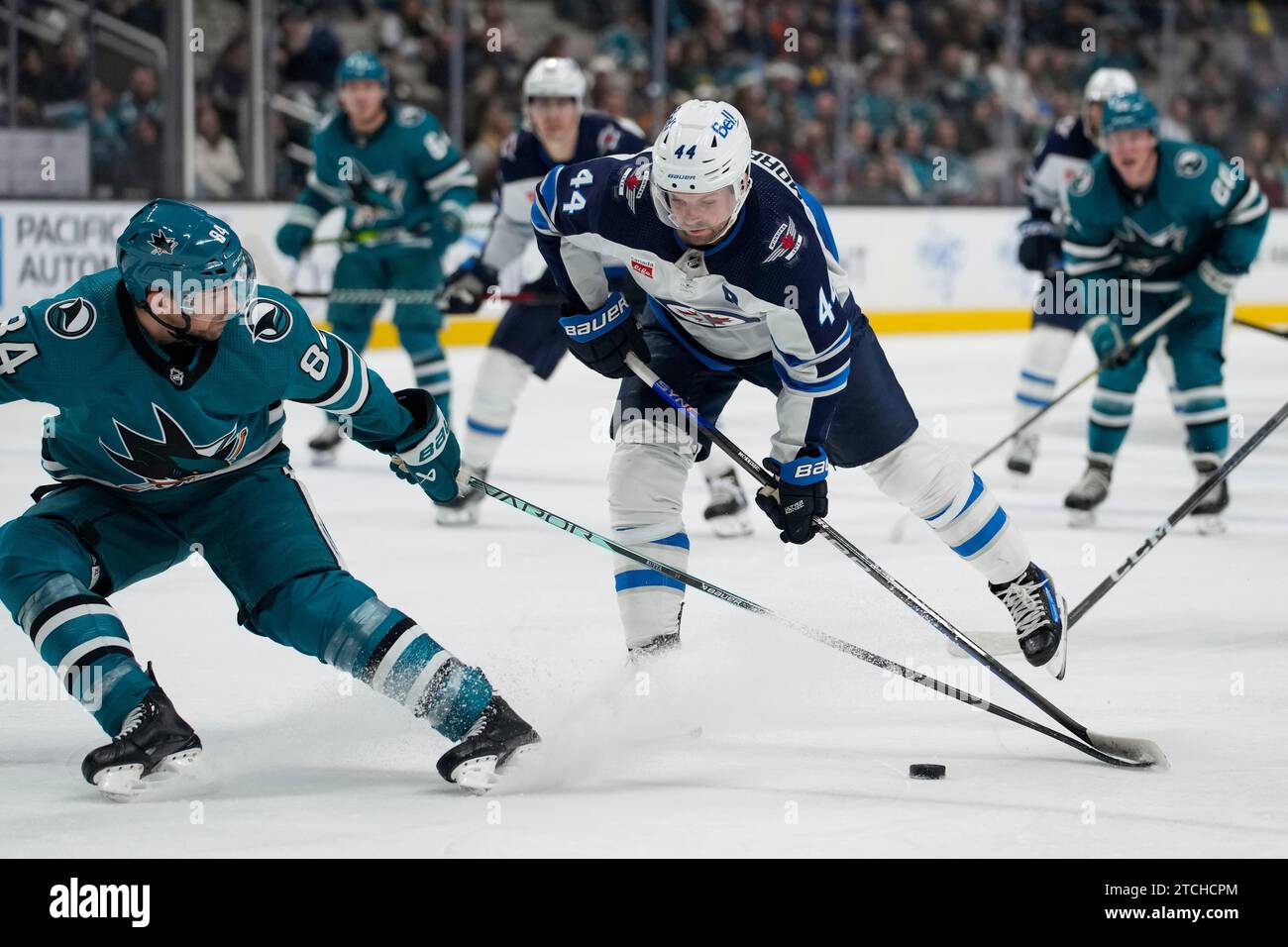 Winnipeg Jets defenseman Josh Morrissey (44) moves the puck while ...