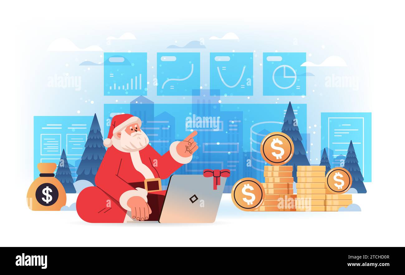 santa claus in red costume analyzing financial data on charts and ...