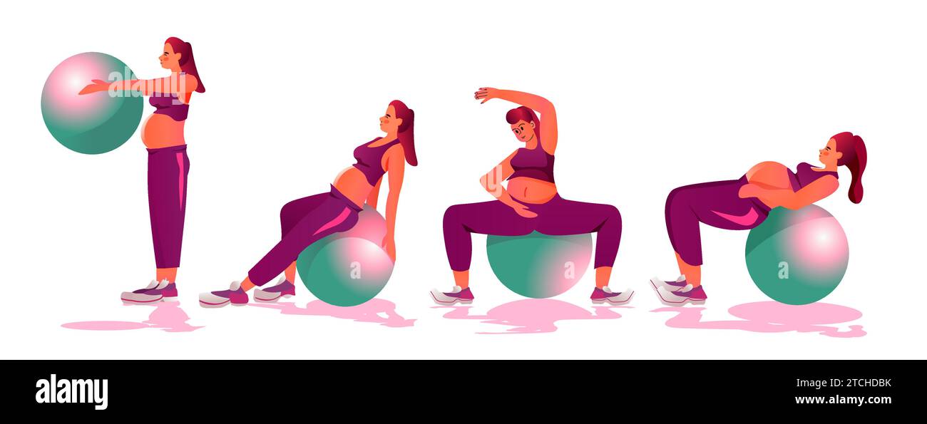 set pregnant woman future mom doing exercises with fitness ball ...