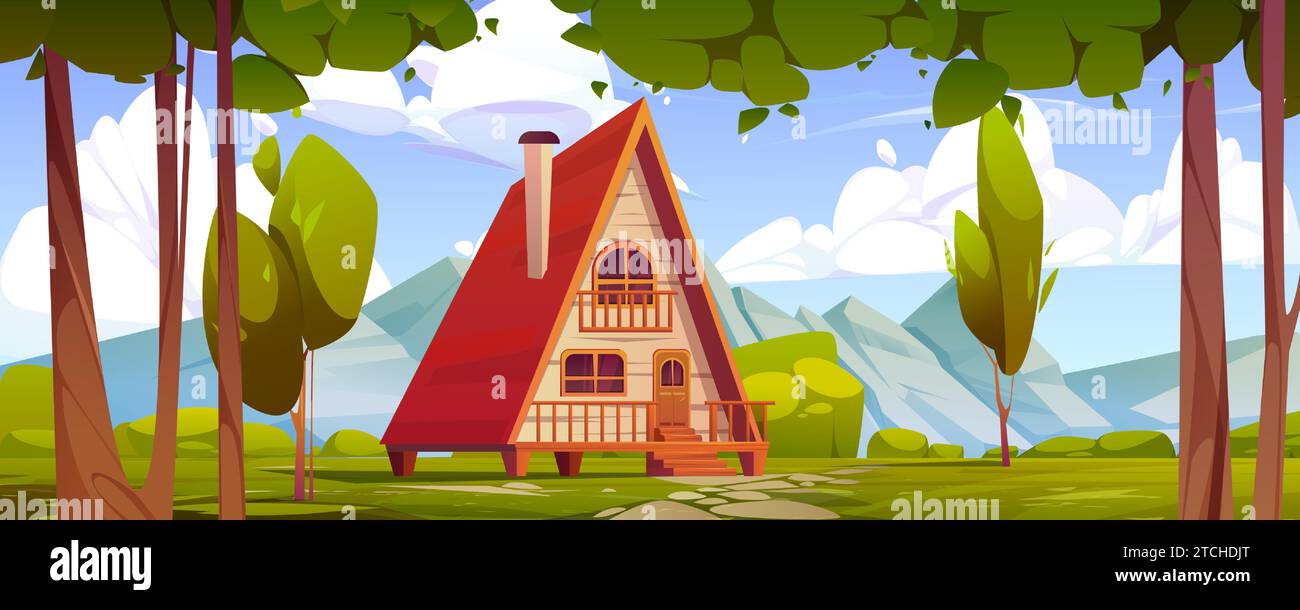 Cozy chalet in summer mountain valley. Vector cartoon illustration of ...