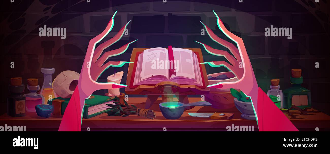 Witch hands conjure over magic spell book and green glowing potion ...