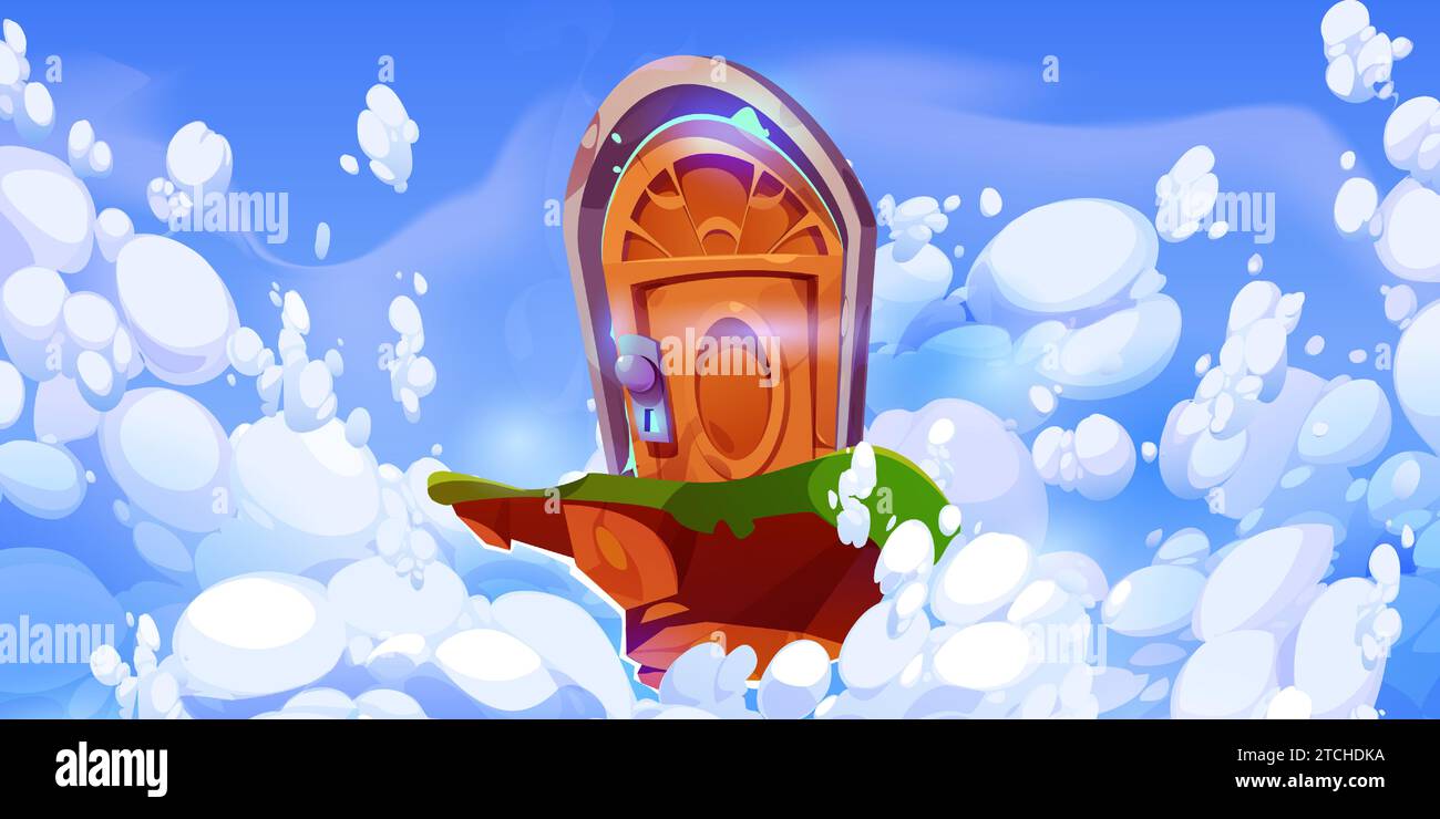 Island with wooden door floating in sky. Vector cartoon illustration of ...