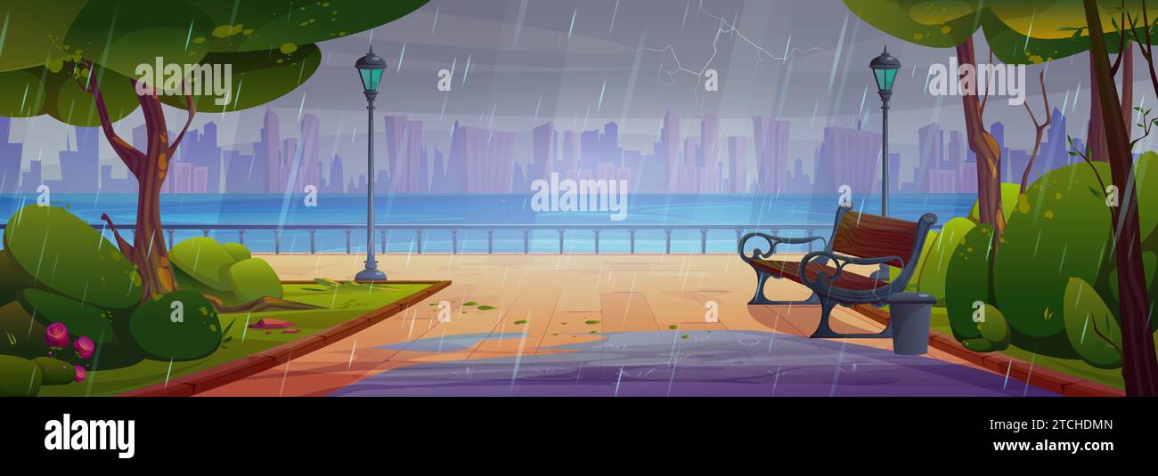 City park with pathway and bench, lanterns and trees on shore of river ...