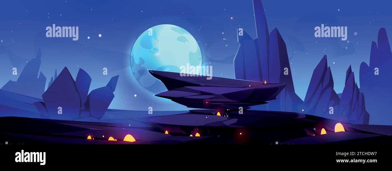 Game alien planet landscape with purple ground surface at night ...