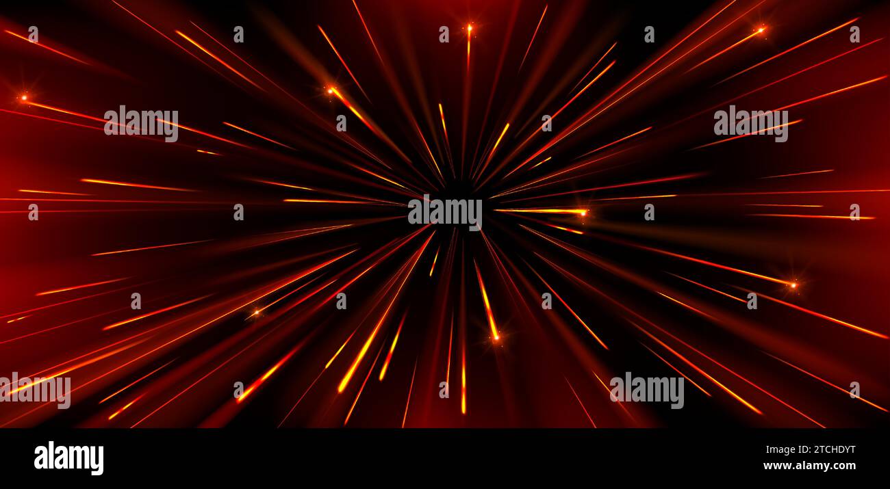 High speed warp of red light with radial burst. Realistic vector ...