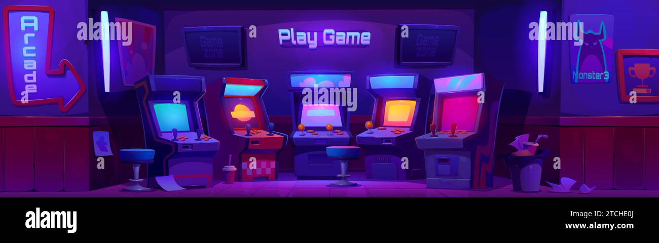 Retro night club with game machines. Vector cartoon illustration of ...