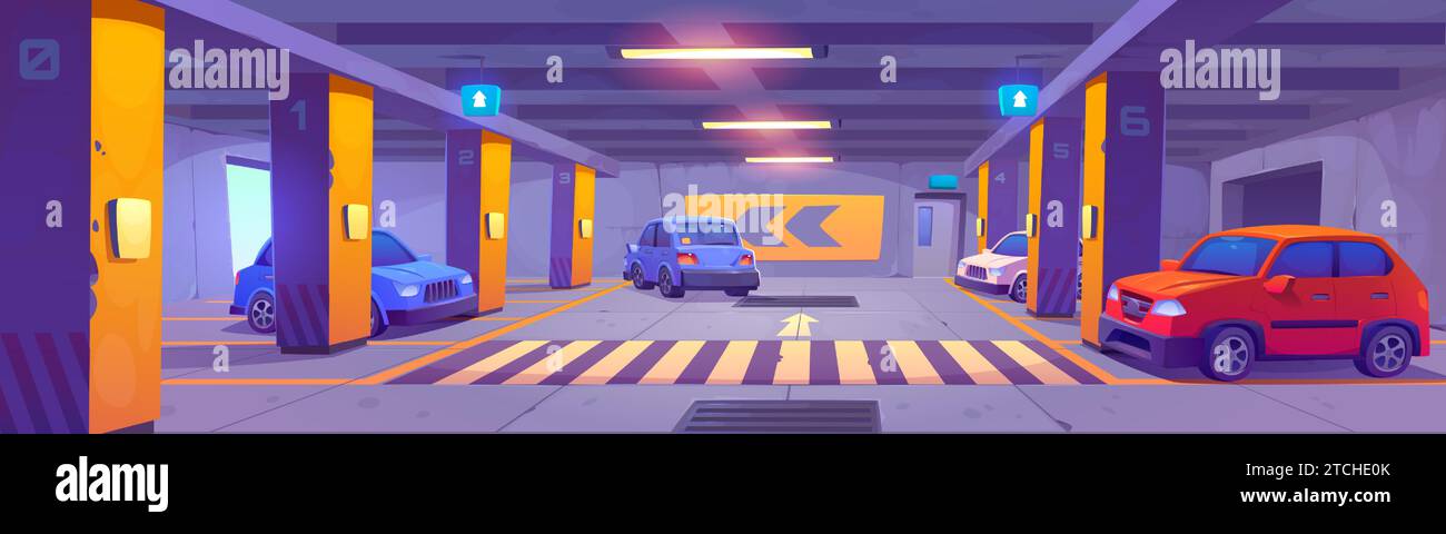 Underground car parking interior with markings, asphalt floor and ...